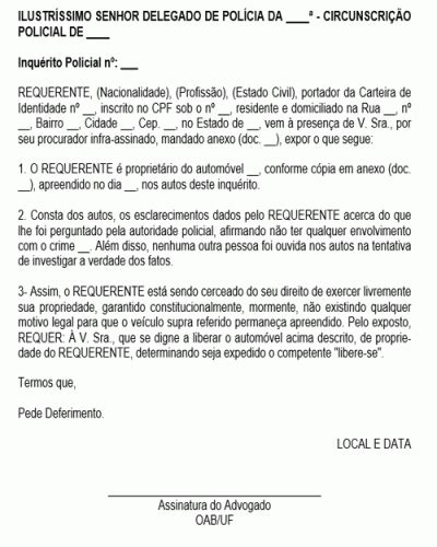 Modelo De Petição Pedido De Liberação De Automóvel Apreendido Em