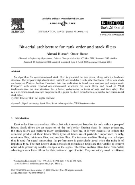 Pdf Bit Serial Architecture For Rank Order And Stack Filters