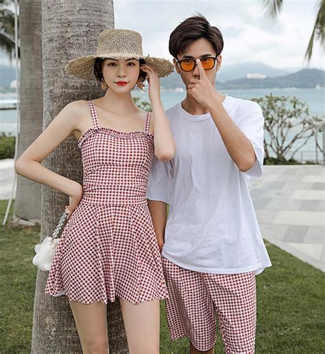 러블랑 여름휴가바캉스호캉스수영장 커플 수영복 체크 반바지체크 프릴 원피스 모노키니 코디세트