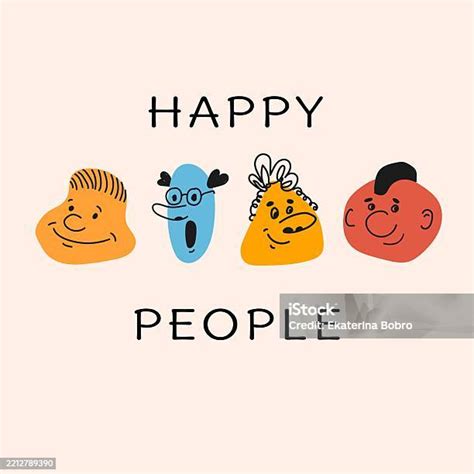 장난기 넘치는 표정과 대담한 색상으로 행복한 만화 얼굴 4개를 그린 귀엽고 기발한 일러스트 텍스트는 Happy People입니다 포스터 스티커 어린이 콘텐츠 및 브랜딩에