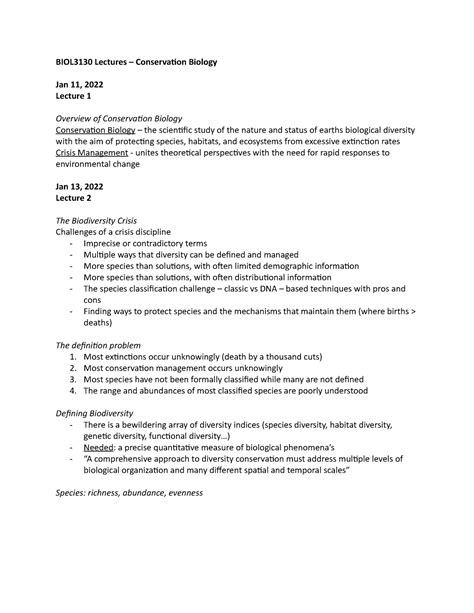biol3130 lectures lecture notes biol3130 lectures conservation