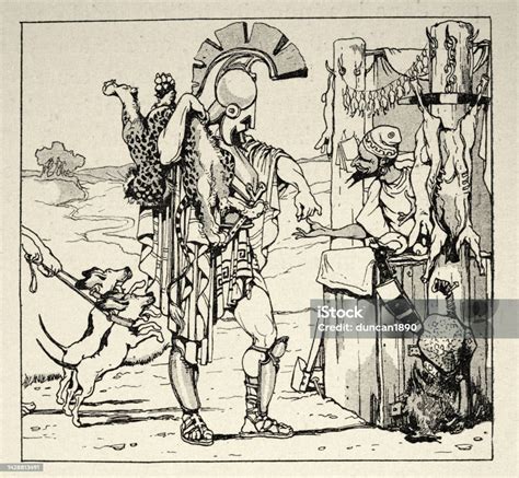 고대 그리스 전사의 만화는 상인에게서 죽은 표범을 구입합니다 전사 사람의 역할에 대한 스톡 벡터 아트 및 기타 이미지 전사 사람의 역할 거래자 고대 그리스 양식