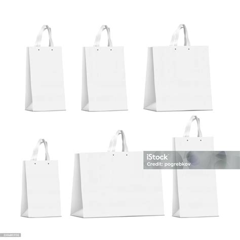 흰색 빈 평면 손잡이 종이 선물 가방 3d 모형 세트 손잡이가 있는 격리된 평평한 바닥 거싯 상품 소매 패키지 사실적인 벡터 모형 키트 디자인을 위한 템플릿 간편한 편집