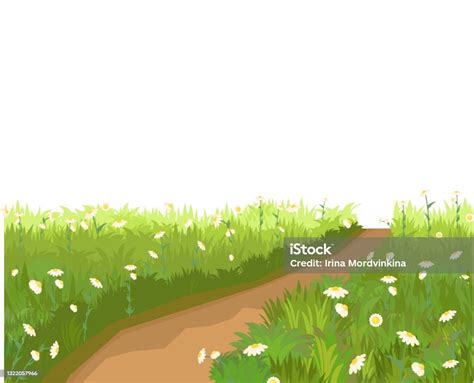 길 야생화가 있는 초원 매끄러운 그림 잔디 클로즈업 녹색 풍경 격리 만화 스타일 플랫 디자인 꽃 벡터 아트 0명에 대한 스톡 벡터 아트 및 기타 이미지 Istock