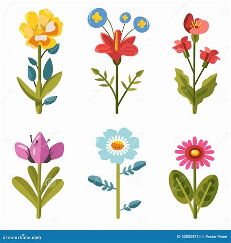 Six Cartoon Flowers Colorful Flat Design Floral Collection Assorted Varieties Botanical Stock