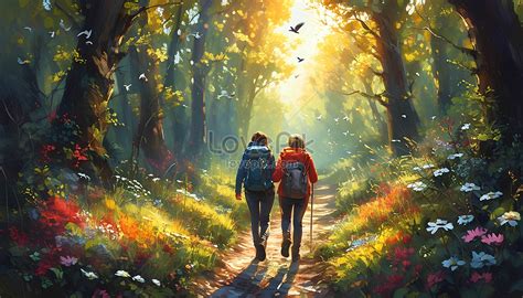 Two Hikers Walking Side By Side On A Sunlit Forest Trail Surrounded By