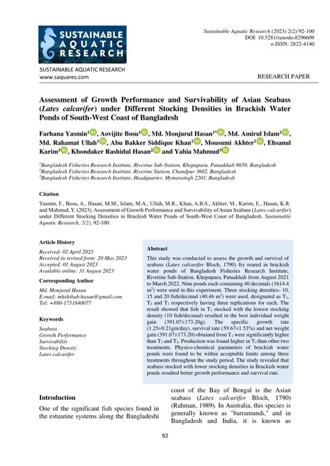 Pdf Assessment Of Growth Performance And Survivability Of Asian Seabass Lates Calcarifer