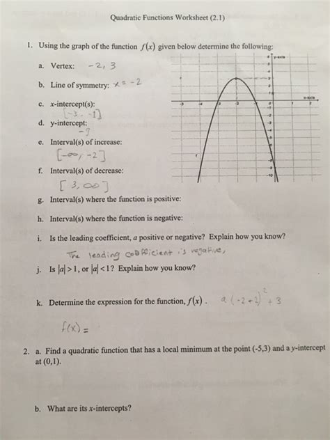 Solved Quadratic Functions Worksheet 21 1 Using The