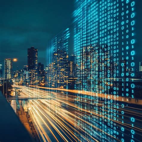 futuristic cityscape night digital binary code data flow highway