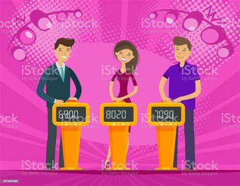 Tv 퀴즈 쇼입니다 사람들 플레이어 질문에 대답 만화 벡터 일러스트 레이 션 Television Game Show에 대한 스톡