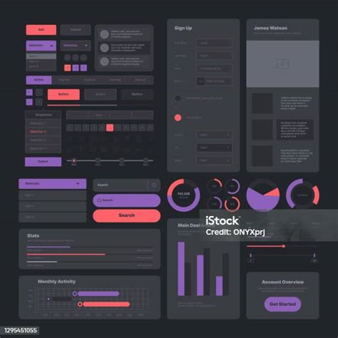 Ui 어두운 웹 디자인 페이지 레이아웃 사용자 아이콘 단추 디바이더 탐색 도구 인포그래픽 최신 장식 벡터 컬렉션 그래픽 사용자