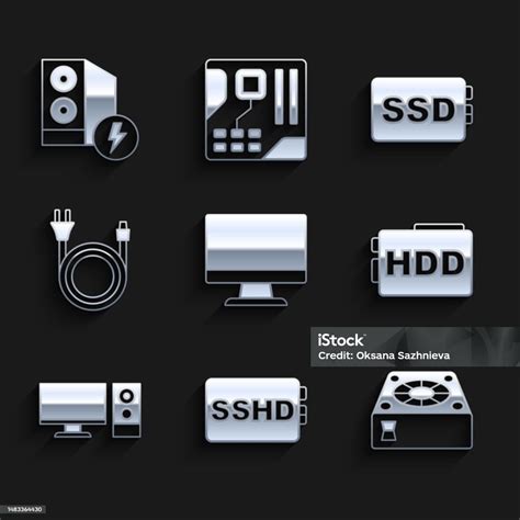컴퓨터 모니터 화면 Sshd 카드 쿨러 하드 디스크 드라이브 Hdd 전기 플러그 Ssd 및 컴퓨터 아이콘 케이스를 설정합니다 벡터 검은색에 대한 스톡 벡터 아트 및 기타