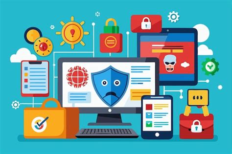 The Illustration Shows Different Devices Displaying Ransomware Alerts And Security Tools In A