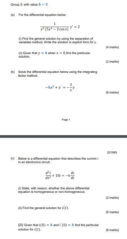 Solved Group 3 With Value H 3 A For The Differential Chegg Com