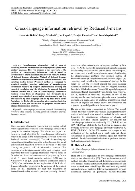 Pdf Cross Language Information Retrieval By Reduced K Means