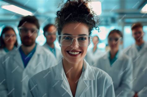 Premium Photo Smiling Group Of Scientists In Modern Laboratory With Female Leader
