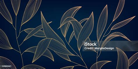 벡터 황금은 식물 현대 아르 데코 벽지 배경을 나뭇잎 인테리어 디자인 섬유 패턴 텍스처 포스터 패키지 포장지 선물 등을위한 라인 디자인 사치 일본식 잎에 대한 스톡 벡터