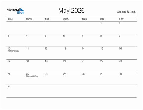 May 2026 Monthly Calendars With United States Holidays