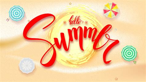 여름 비치 해변 여행 이벤트 여행사 작업 손으로 쓴된 텍스트 브러쉬 펜 글자와 태양의 상징 배너 금 모래 태양 우산 상위 뷰 열 대 풍경 계절에 대한 스톡 벡터 아트 및