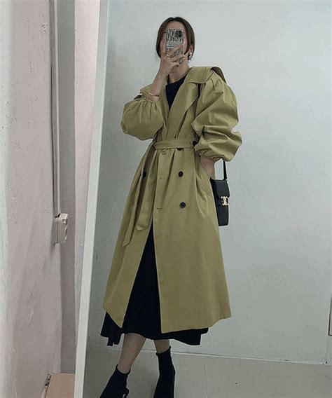 세일러 카라 오버핏 퍼프 바바리 롱 야상 자켓 에이블리