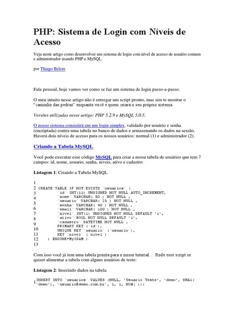 Php Sistema De Login Com Níveis De Acesso Pdf Fazer Login Sql