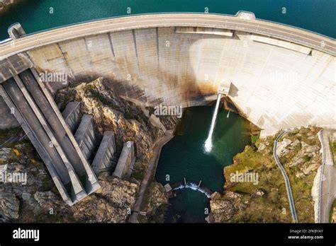 Aerial Drone Footage Top View Water Dam And Reservoir Lake Generating