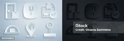 골판지 상자 Ackage 확인 표시 창고 규모 깨지기 쉬운 깨진 유리 및 택배 서비스 아이콘으로 위치를 설정합니다 벡터 3차원