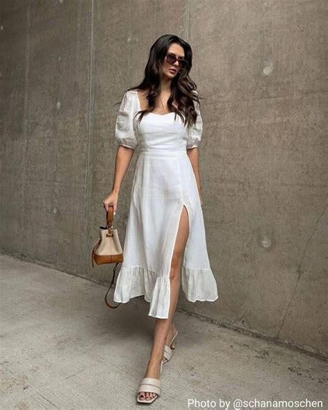 Puff Sleeve Split Hem Midi Dress Womens Formal And Casual Midi Dresses