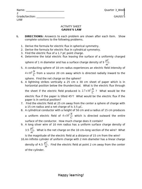 Activity Sheetgausss Law Pdf