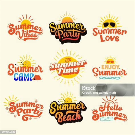 여름 타이포그래피 로고 세트입니다 여름 파티를 위한 레트로 레터링 번들 여름 벡터 컬렉션 대 한 T 셔츠 프린트 여름 요소 인사말 카드 포스터 배너 태양 벡터 오렌지 컬러