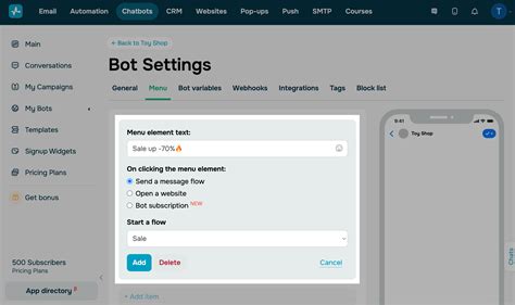 create a chat menu sendpulse