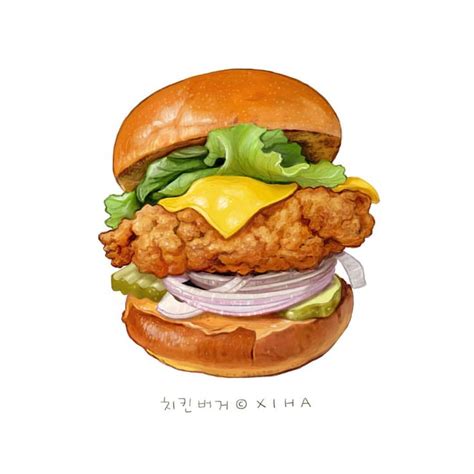 Instagram의 Xiha님 알럽 치킨💕😙 치킨버거 그림 일러스트 푸드일러스트 드로잉 스케치 치킨스타그램 Chicken