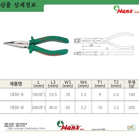 [한스] 롱 노우즈 플라이어 일자형 강력형 니퍼 펜치 뺀치 1830