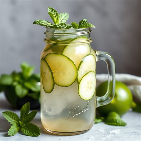A Refreshing Cucumber And Mint Mocktail In A Glass Jar With Cucumber Ribbons Fresh Mint Leaves