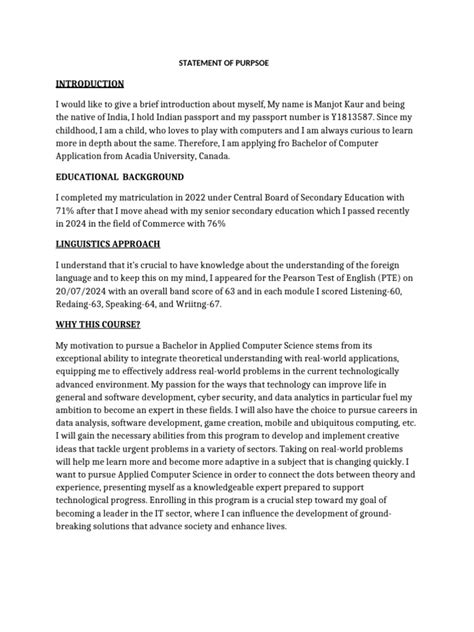 Canada Sop Of Manjot Kaur Pdf Cognition