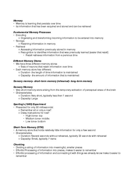 Memory Notes For First Year General Psychology Memory• Memory Is
