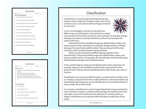 Taxonomy Classification Reading Comprehension Worksheet Printable