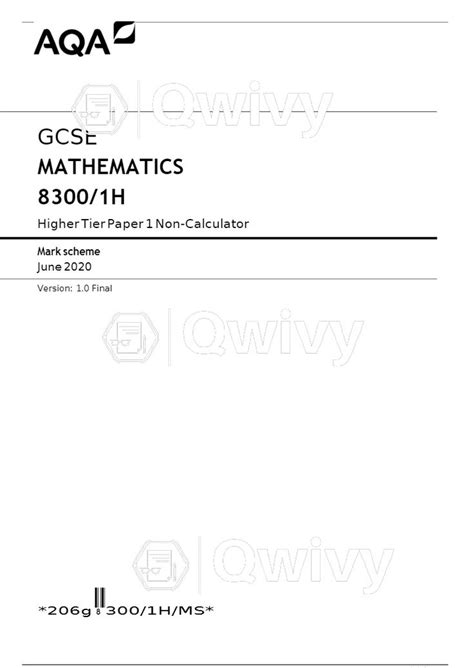 Aqa Gcse Mathematics 8300 1h Higher Tier Paper 1 Non Calculator Mark Scheme June 2020 Version 1