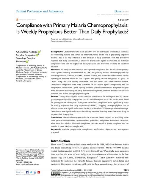 Pdf Compliance With Primary Malaria Chemoprophylaxis Is Weekly Prophylaxis Better Than Daily