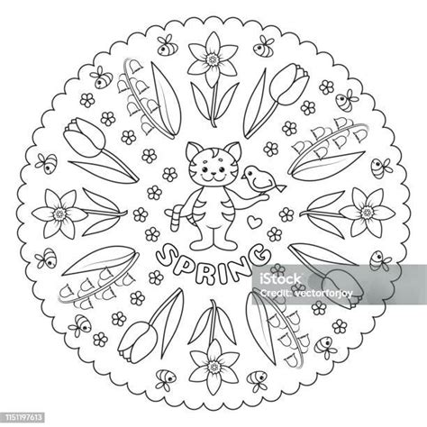 색칠 하기 고양이 새와 꽃 만다라 봄 벡터 일러스트입니다 봄에 대한 스톡 벡터 아트 및 기타 이미지 봄 컬러링 북 페이지 일러스트레이션 기법 개발 Istock