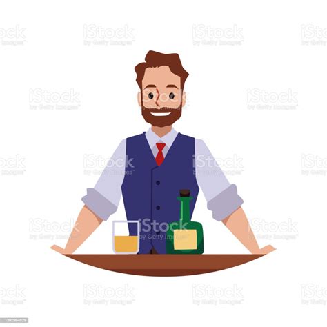 바 카운터 뒤의 바텐더 또는 바키퍼 플랫 벡터 일러스트 레이 션이 분리되어 있습니다 턱수염에 대한 스톡 벡터 아트 및 기타 이미지 턱수염 남성 남성상 Istock