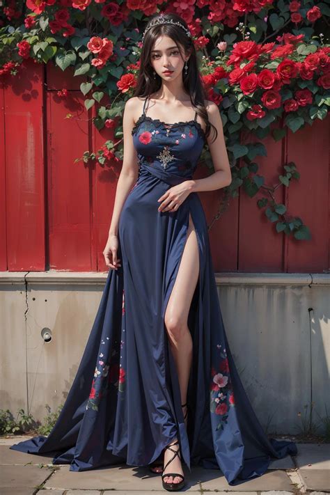 파란 드레스를 입은 여자가 빨간 벽 앞에 서 있다 Seaart Ai