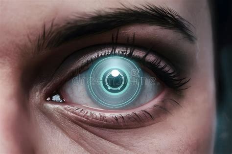 Image Close Up View Of Human Eye With Cybernetic Pupil Portraying Futuristic Technology Concept