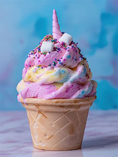 Magical Unicorn Ice Cream Cone With Sprinkles And Marshmallows Stock