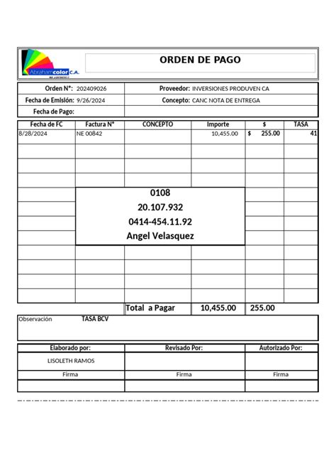 Ejemplo De Orden De Pago Detallada Pdf Factura Finanzas
