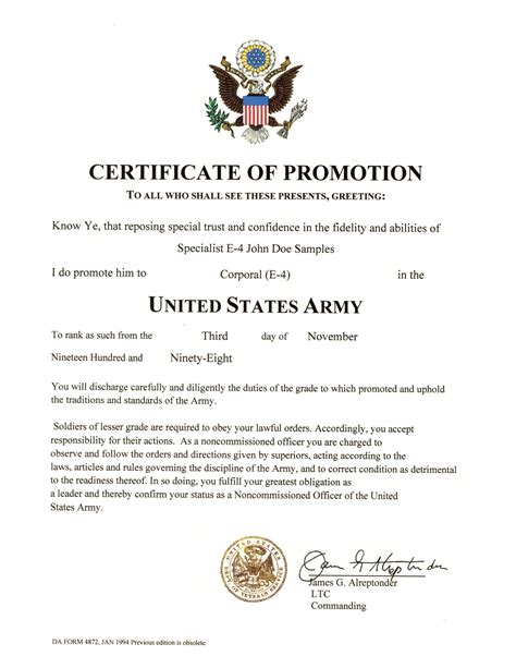 Army Promotion Certificate Template