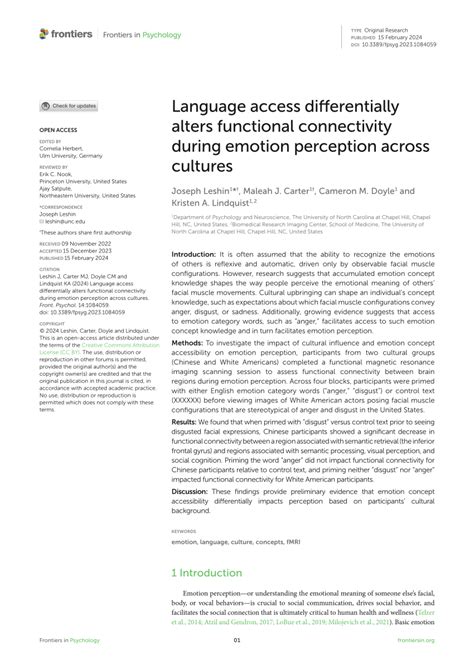 Pdf Language Access Differentially Alters Functional Connectivity During Emotion Perception