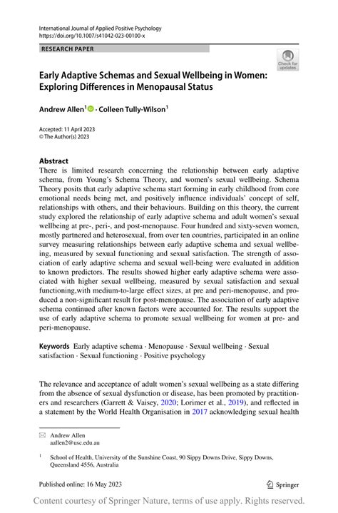 PDF Early Adaptive Schemas And Sexual Wellbeing In Women Exploring Differences In Menopausal