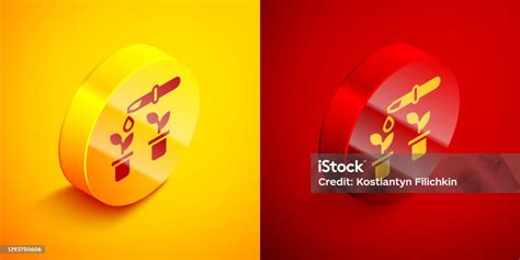 주황색과 빨간색 배경에 격리 된 식물 아이콘의 파이펫에서 물 방울이 떨어집니다 의료 또는 농업 실험 비료와 농약 서클 버튼입니다 벡터 0명에 대한 스톡 벡터 아트 및 기타