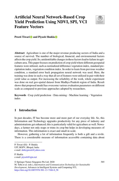 Pdf Artificial Neural Network Based Crop Yield Prediction Using Ndvi